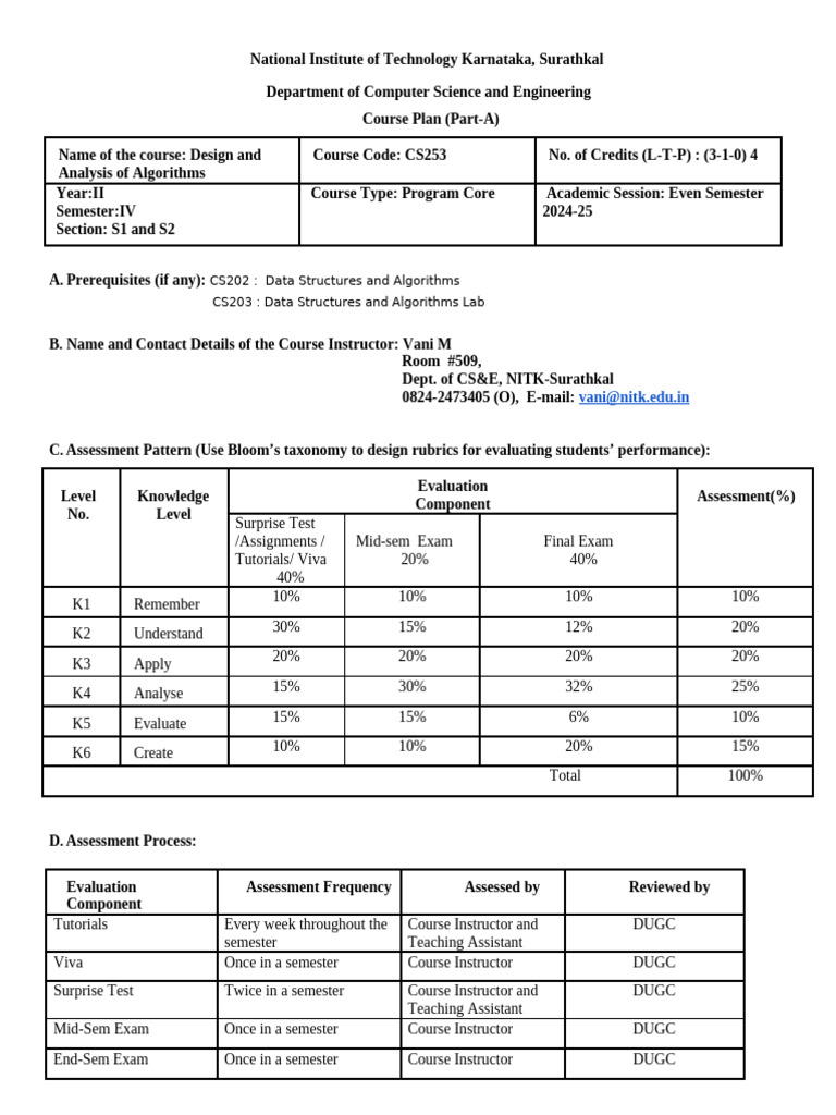 CS253_DAA_Plan_2024_25 | PDF | Matrix (Mathematics) | Computer Science