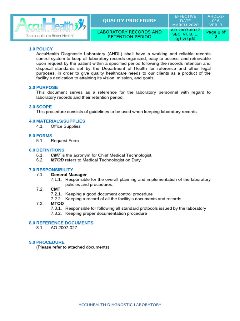 2-016 A. Laboratory Records and Retention | PDF | Public Services | Medicine