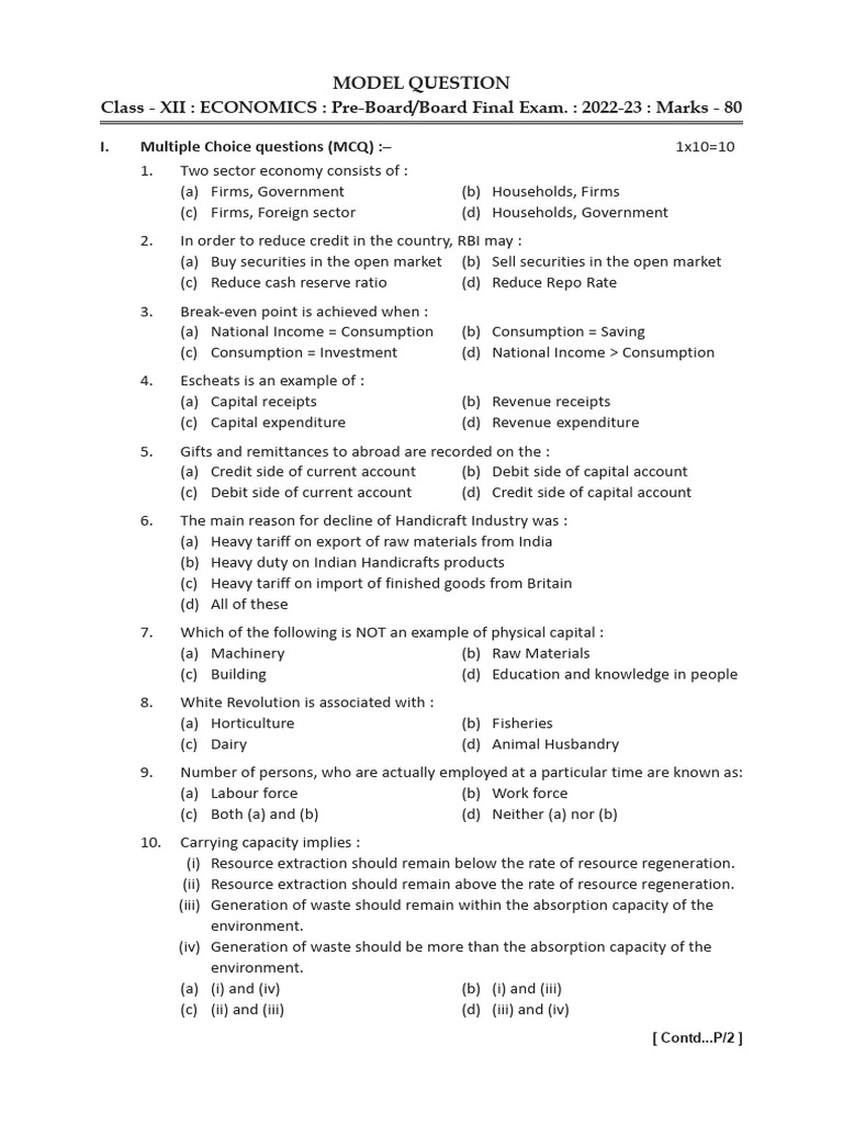 Class XII Economics Exam Model Questions | PDF | Fiscal Multiplier | Consumption (Economics)