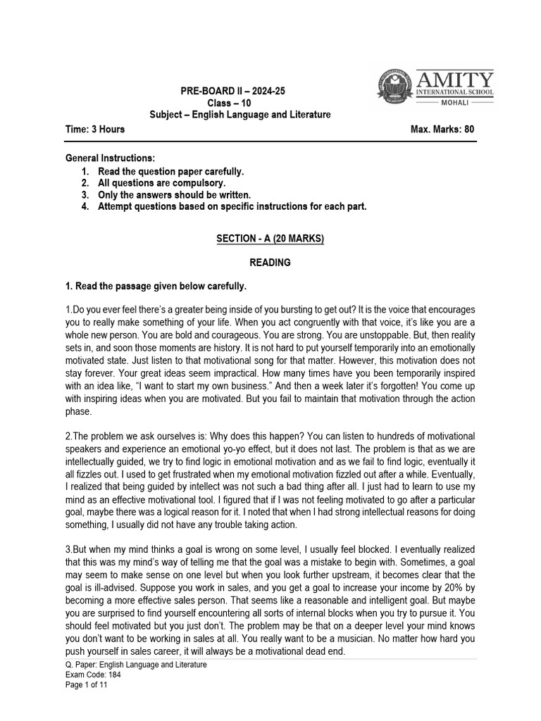 PRE-BOARD 2_GRADE X_ENGLISH_QP 2024-25 | PDF | Mind | Motivation