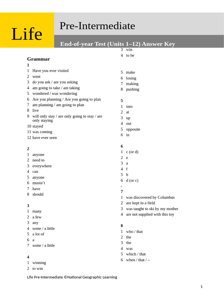 Life Pre-Intermediate Answer Key | PDF