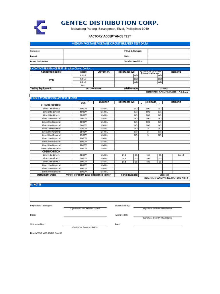 Medium Voltage Circuit Breaker Test Data | PDF | Power Engineering ...