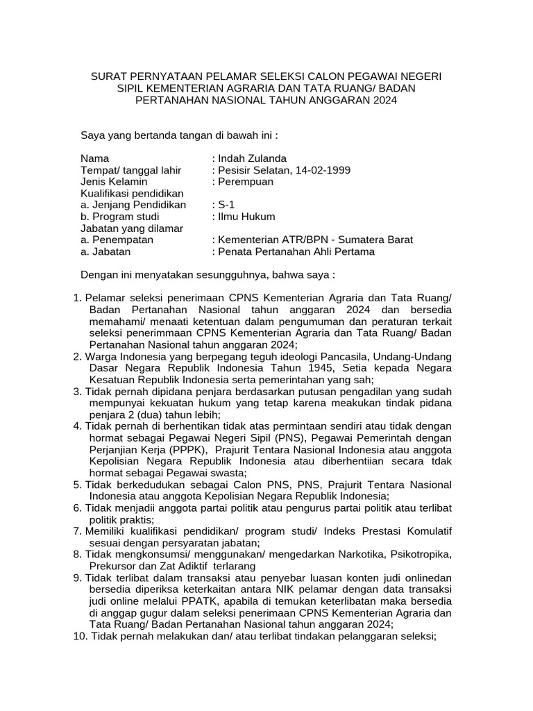 Surat Pernyataan BPN | PDF