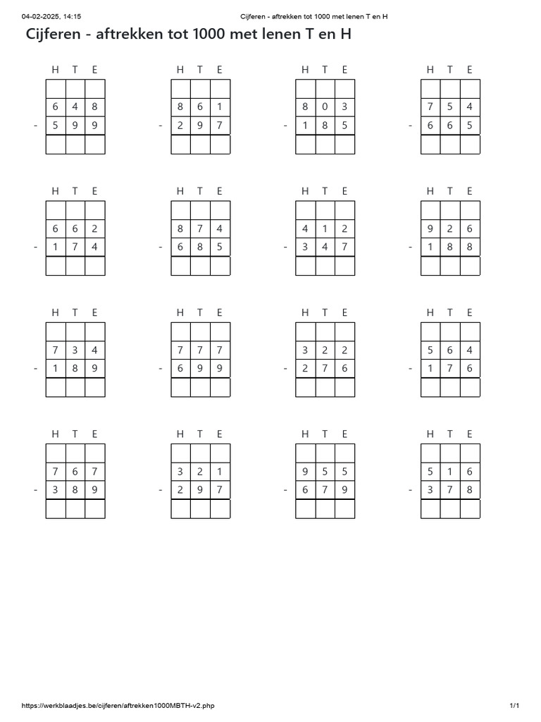 Cijferen - Aftrekken Tot 1000 Met Lenen T en H | PDF