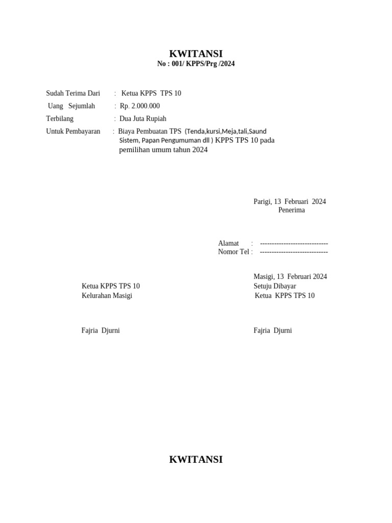 Kwitansi Biaya KPPS TPS 10 2024 | PDF