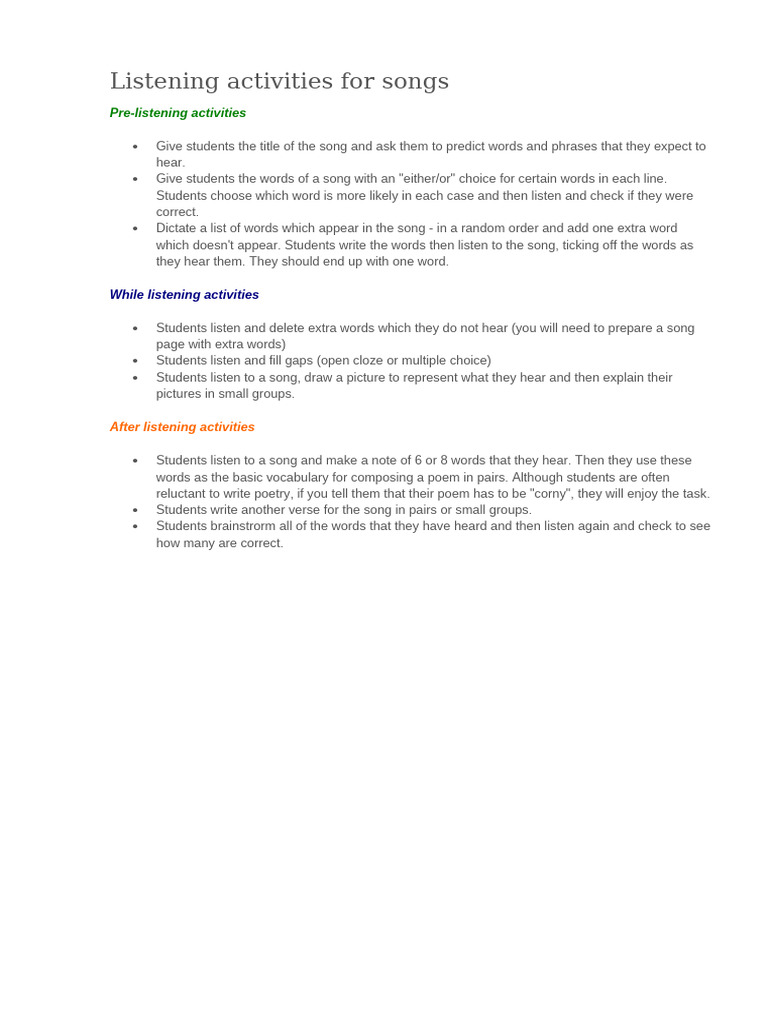 Song-Based Listening Activities Guide | PDF