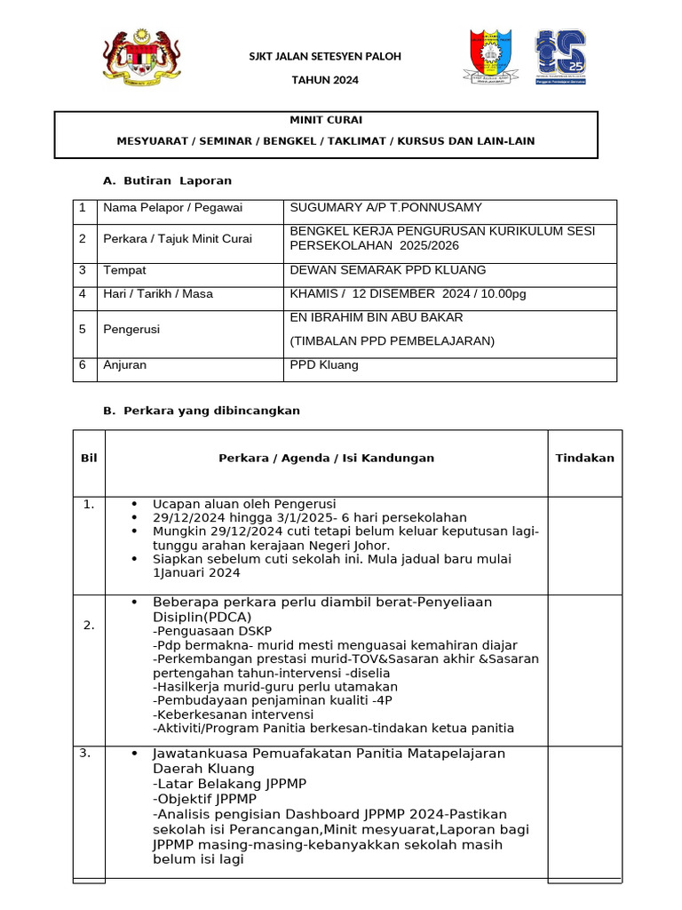 MINIT CURAI BENGKEL KERJA PENGURUSAN KURIKULUM 2024 | PDF