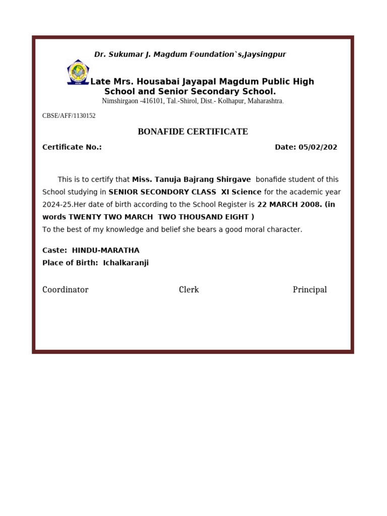 Bonafide Certificate | PDF