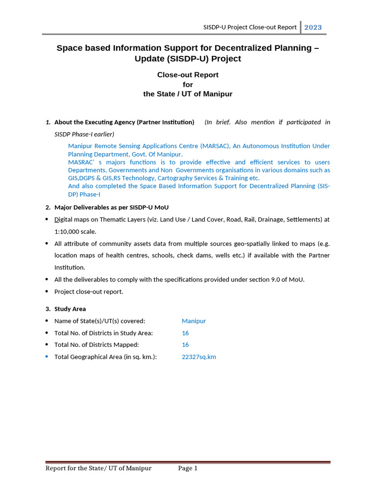 Close-Out Report of SISDP-U Manipur | PDF | Geographic Data And ...