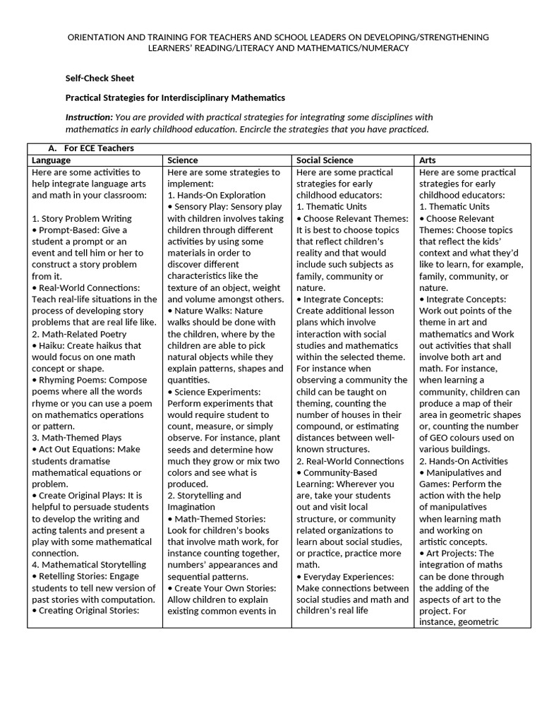 3 - Self-Check Sheet For ECE Teachers, School Heads, Supervisors | PDF ...
