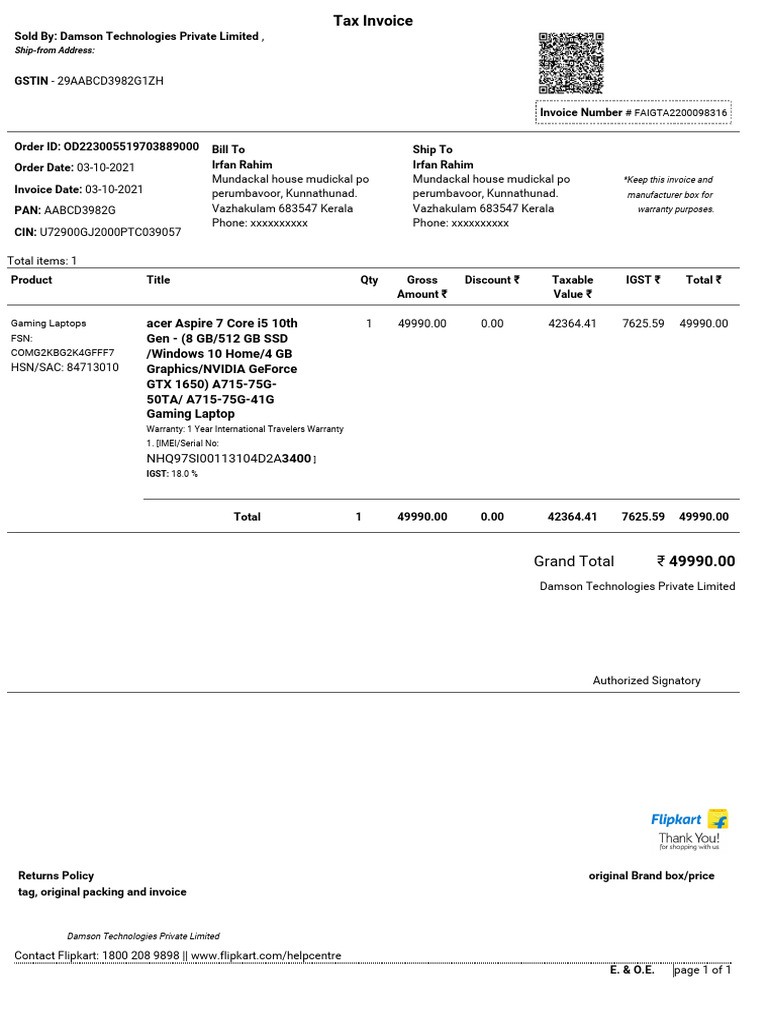 Invoice for Acer Aspire 7 Gaming Laptop | PDF | Personal Computers ...