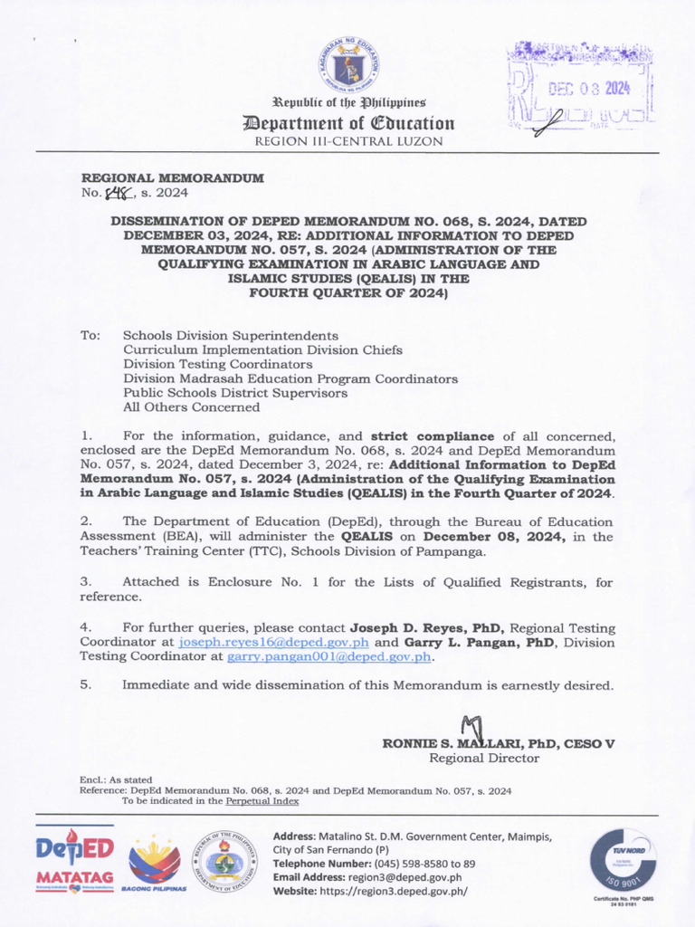 RM No. 848 S.2024 Dissemination of Deped Memorandum No. 068 S.2024 ...