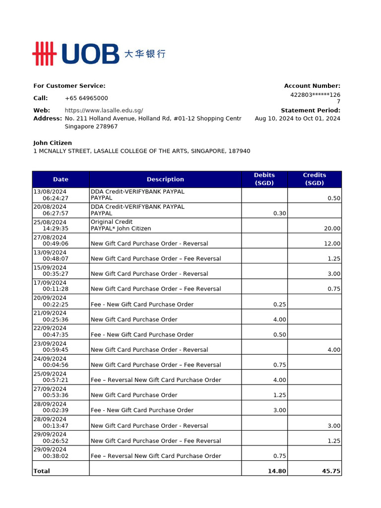 Singapore UOB Bank Statement | PDF | Pay Pal | Gift Card