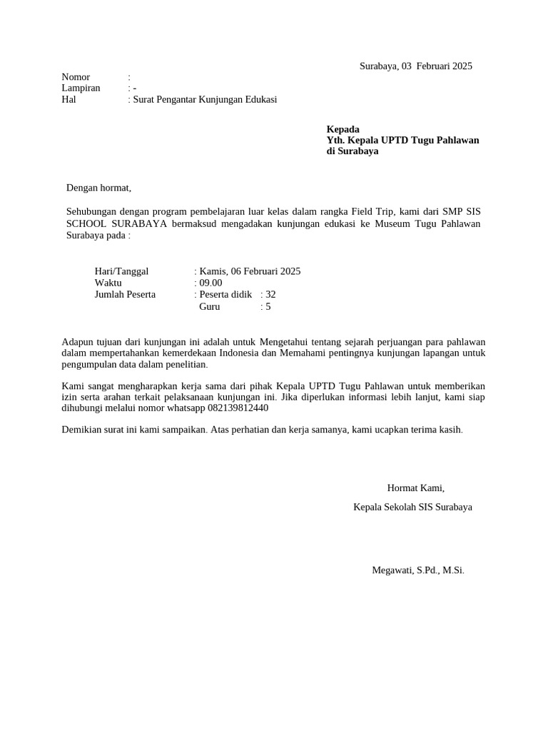 Surat_pengantar Field Trip s1 2025 | PDF