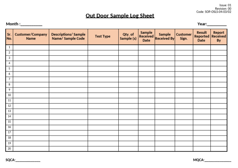 Out Door Sample Collection Log Sheet | PDF