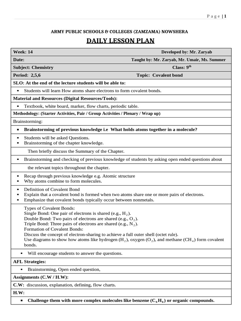 Lesson Plan of Chemistry 9th Week14 | PDF | Chemical Polarity | Chemical Bond
