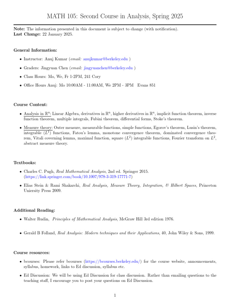 MATH 105 Course Syllabus Spring 2025 | PDF | Mathematical Analysis | Mathematics