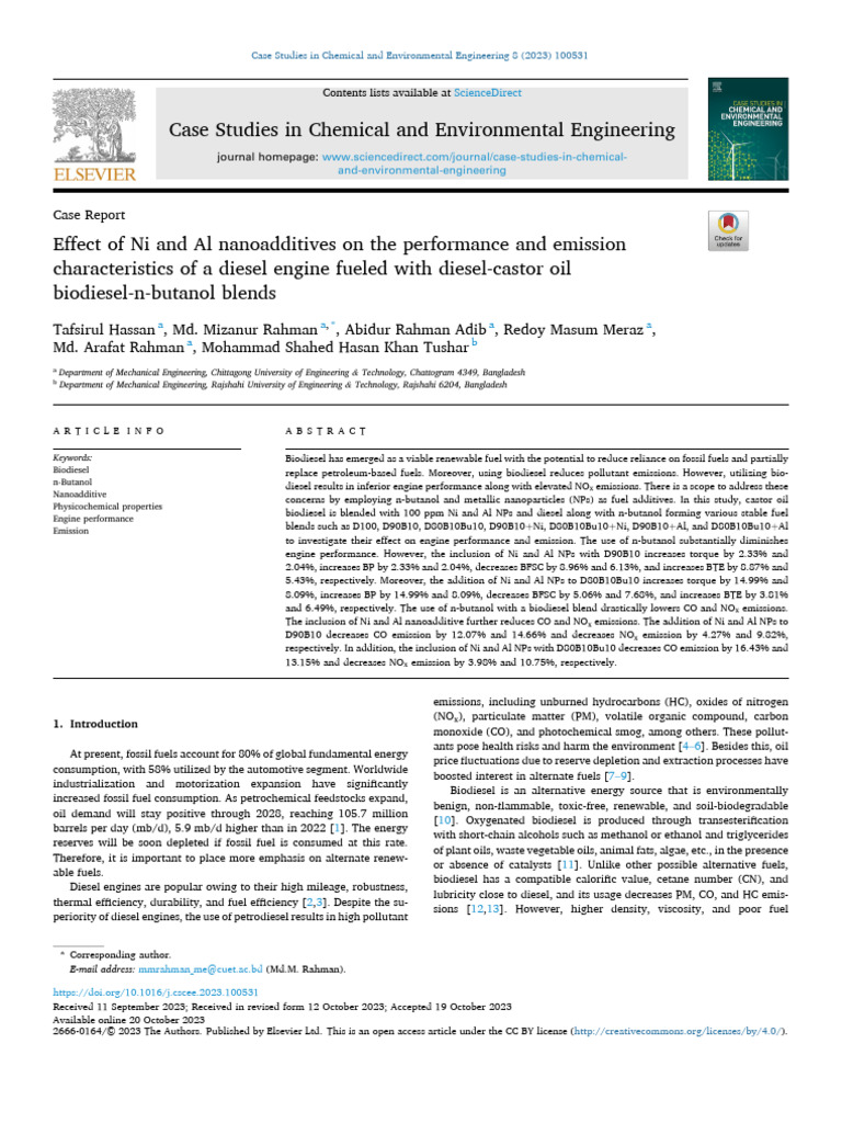 Effect of Ni and Al nanoadditives on the performance and emission characteristics of a diesel ...
