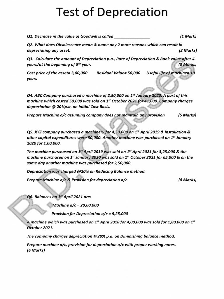 Depreciation Test - RD Classes | PDF