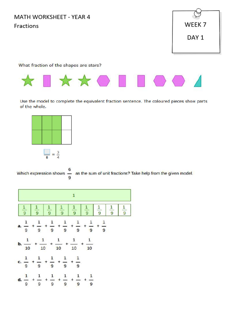 Year 4 Math Worksheet: Fractions | PDF