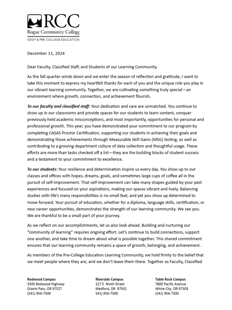 RCC PCE 2024 Holiday & Gratitude Letter | PDF | Personal Development | Behavior Modification