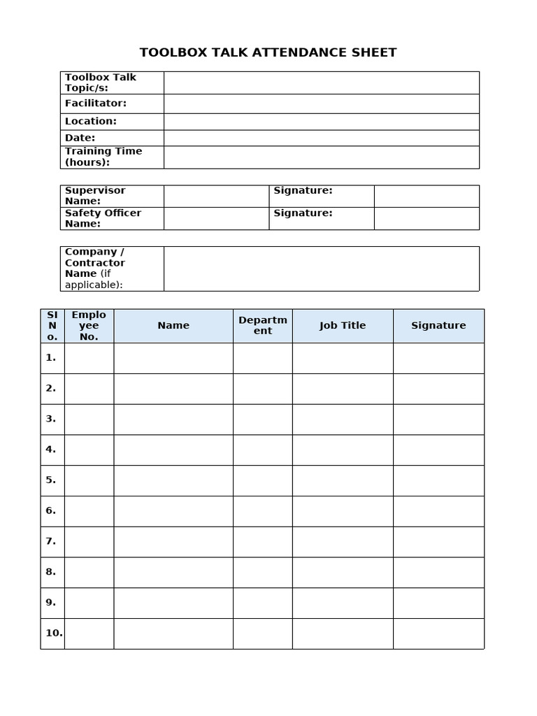 Toolbox Talk Attendance Sheet | PDF