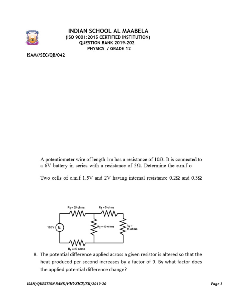 Class Xii Physics Question Bank Part 3 2019 2020 1 | PDF | Inductor | Diffraction