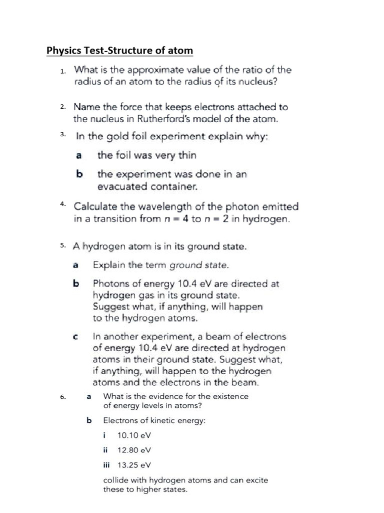 Physics Test - Structure of Atom | PDF