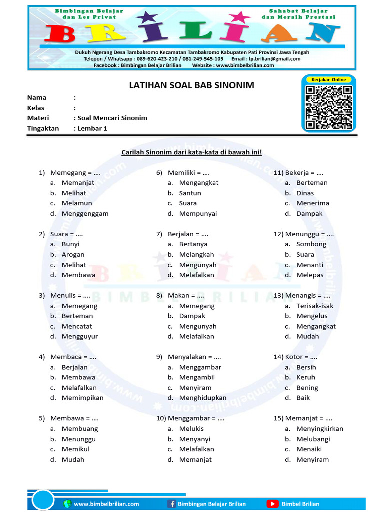 Soal Mencari Sinonim Lembar 1 | PDF