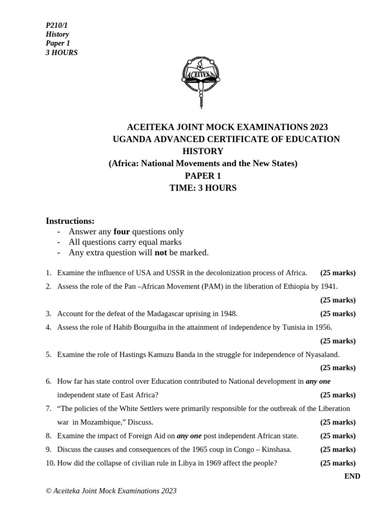 UACE History Paper 1 Mock Exam 2023 | PDF