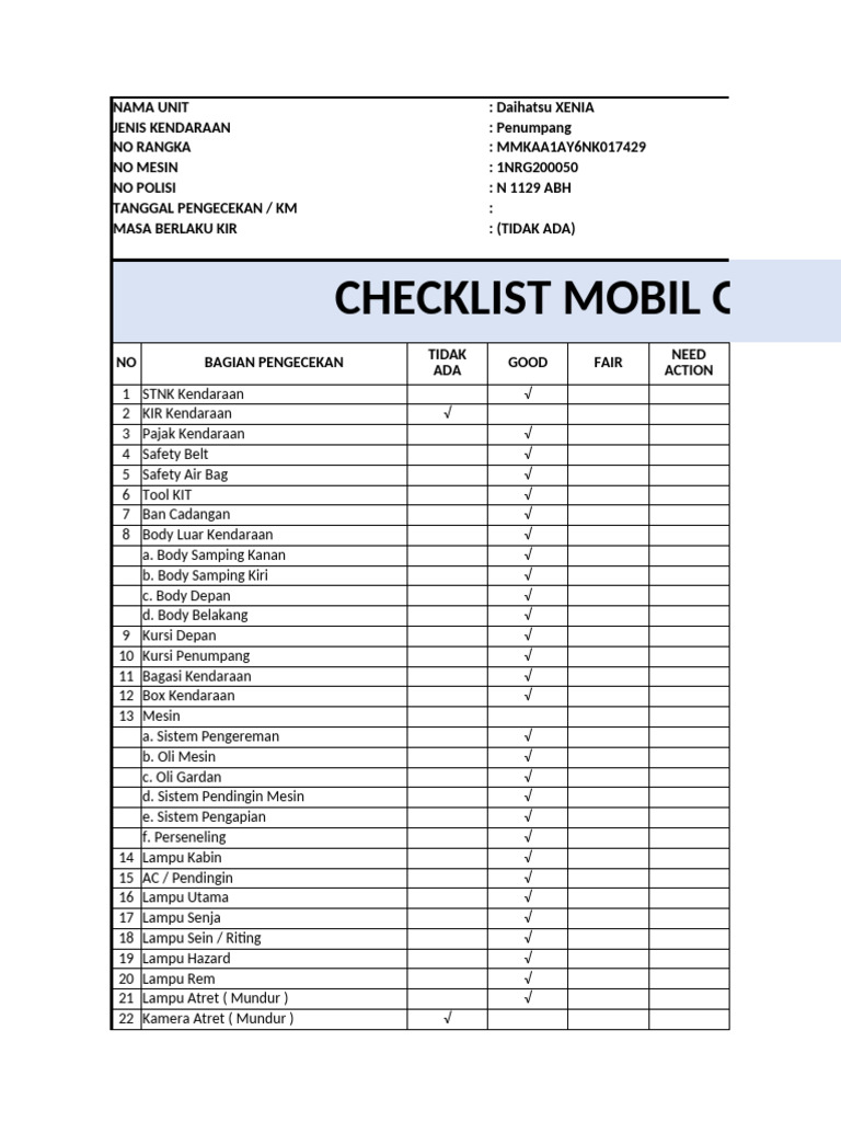 New Form Ceklist Kendaraan MLG-MALBAR | PDF