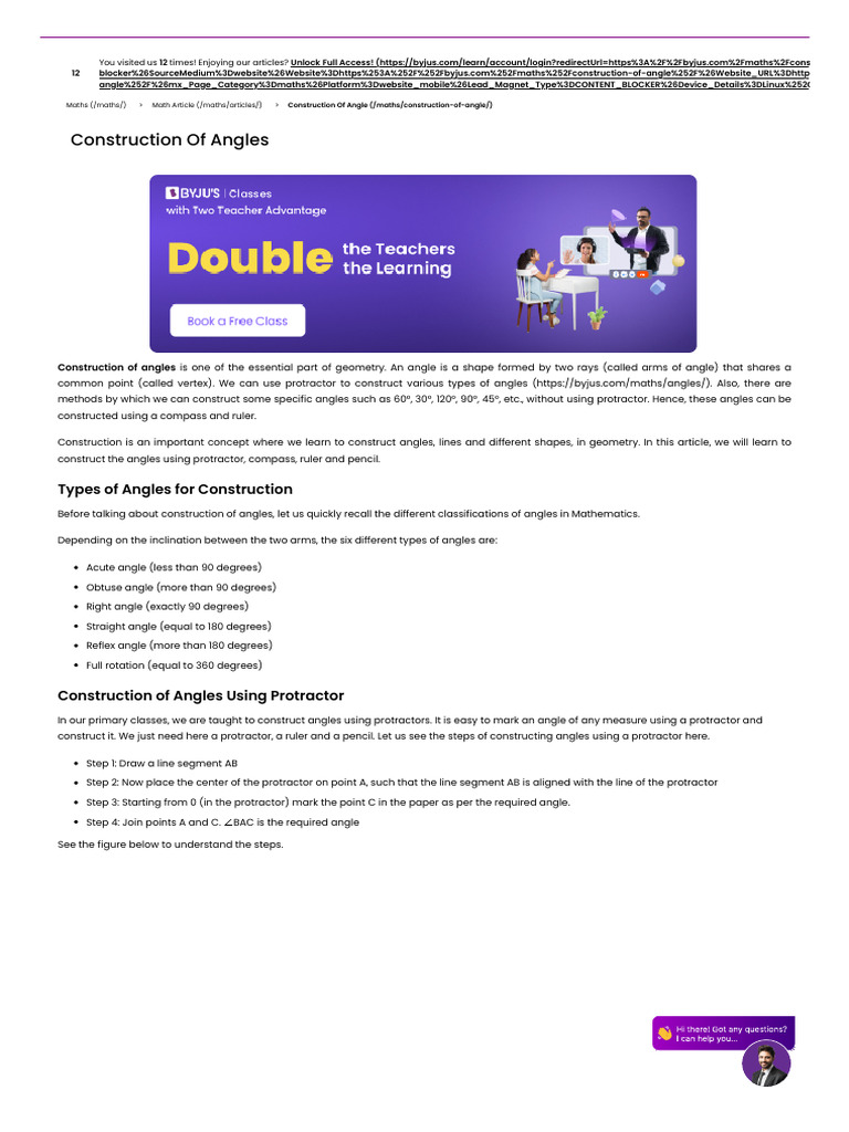 Construction of Angles Using Protractor and Compass (Examples) | PDF ...