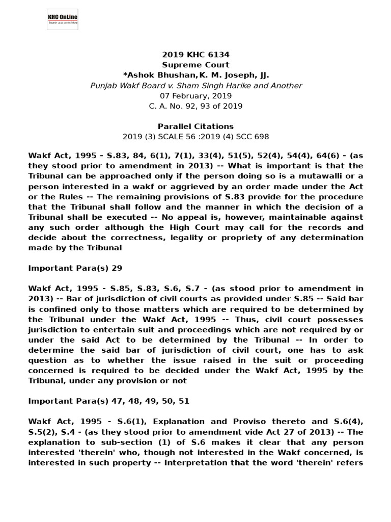 Punjab Wakf Board v. Sham Singh Harike and Another | PDF | Lawsuit | Tribunal