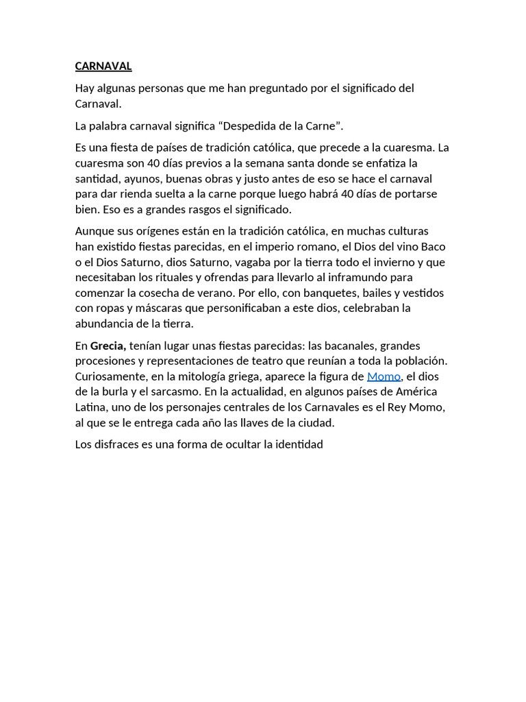 Significado y Orígenes del Carnaval | PDF