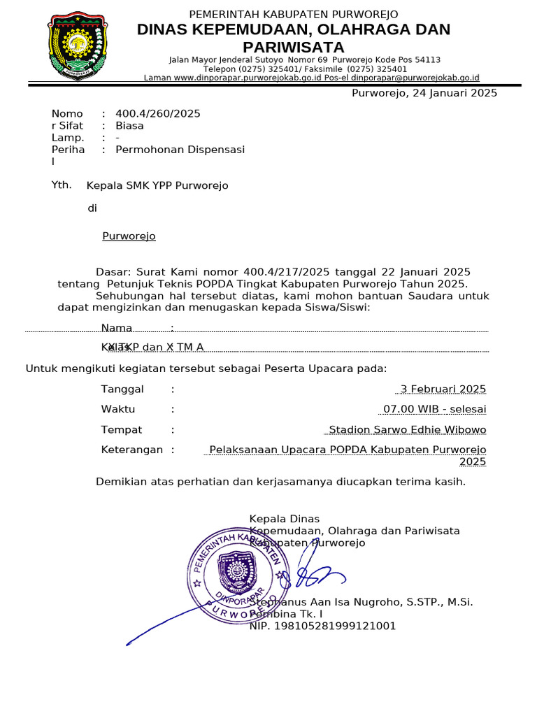Dispensasi Siswa - Upacara POPDA 2025 | PDF
