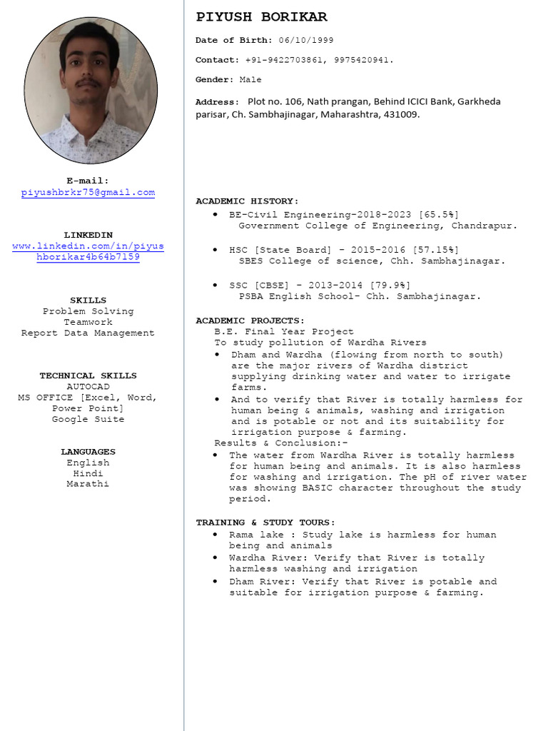 PIYUSH Resume CH - Sambhajinagar | PDF | Environmental Science | Water