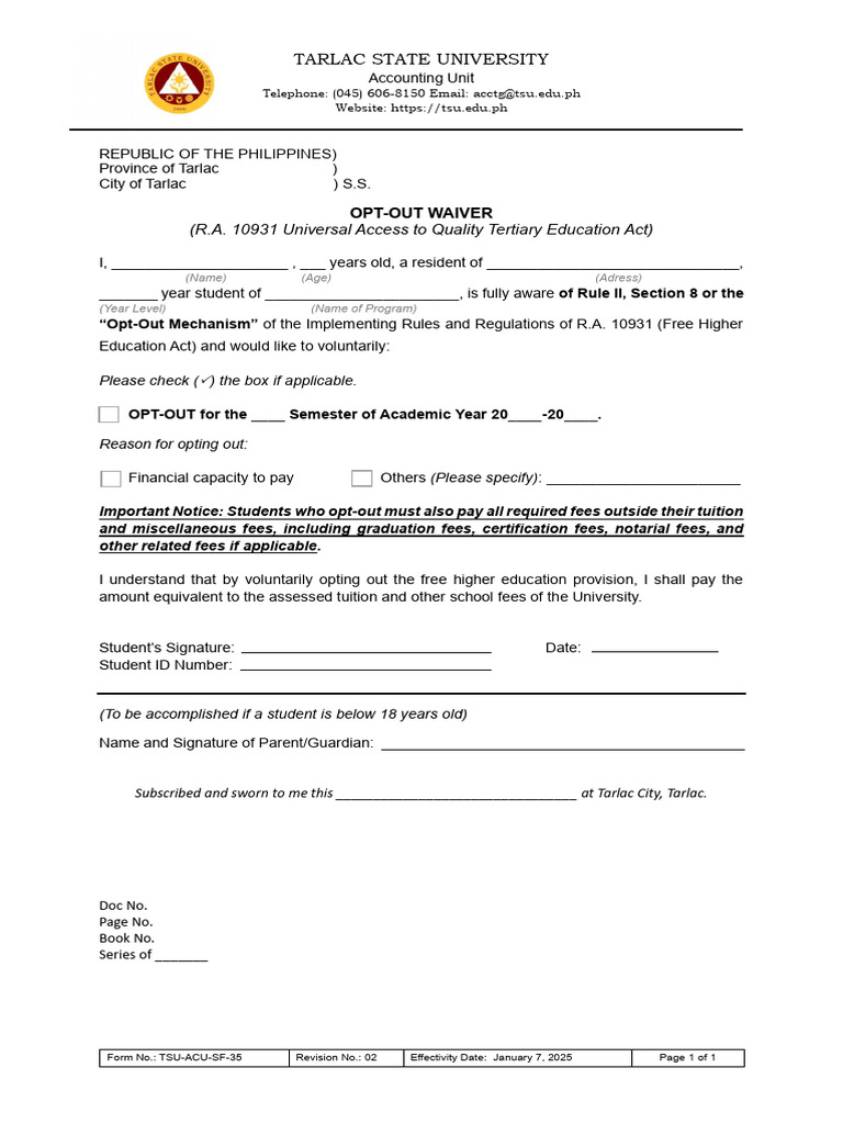 Tarlac State University Opt-Out Waiver Form | PDF