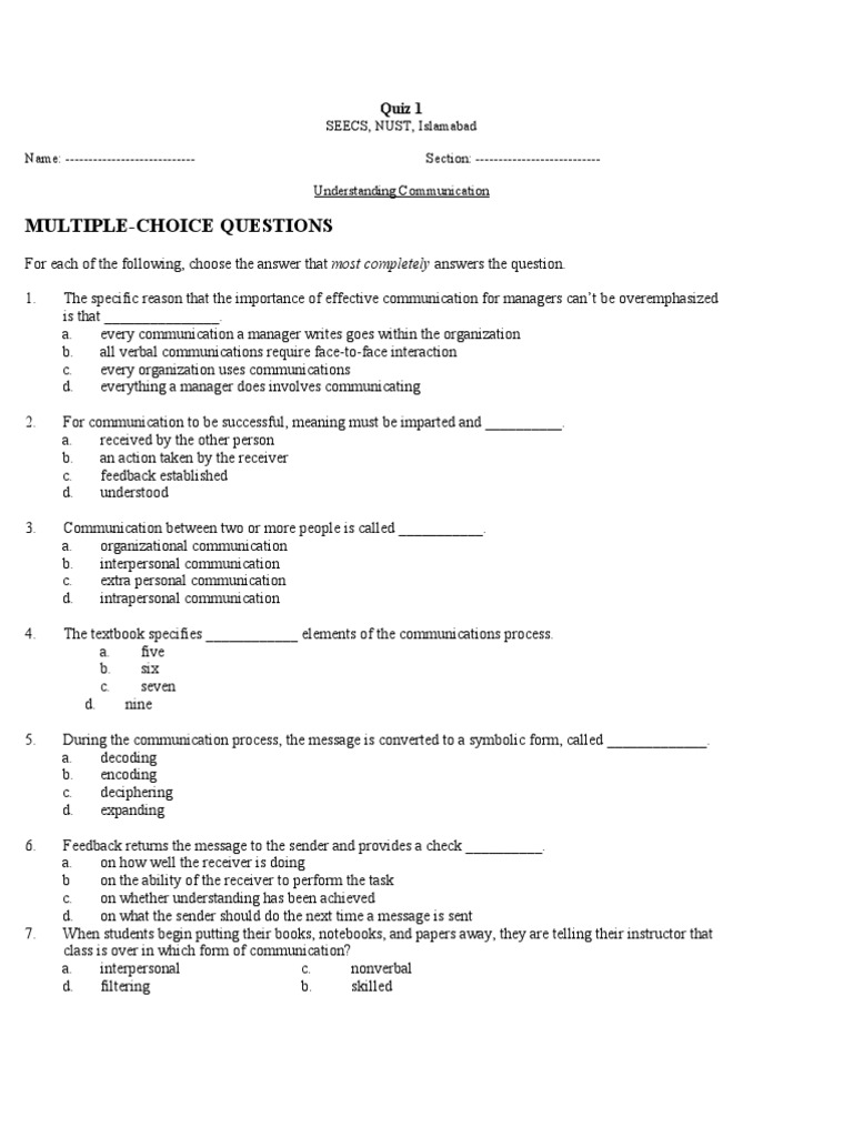 Quiz 1 | PDF | Interpersonal Communication | Communication