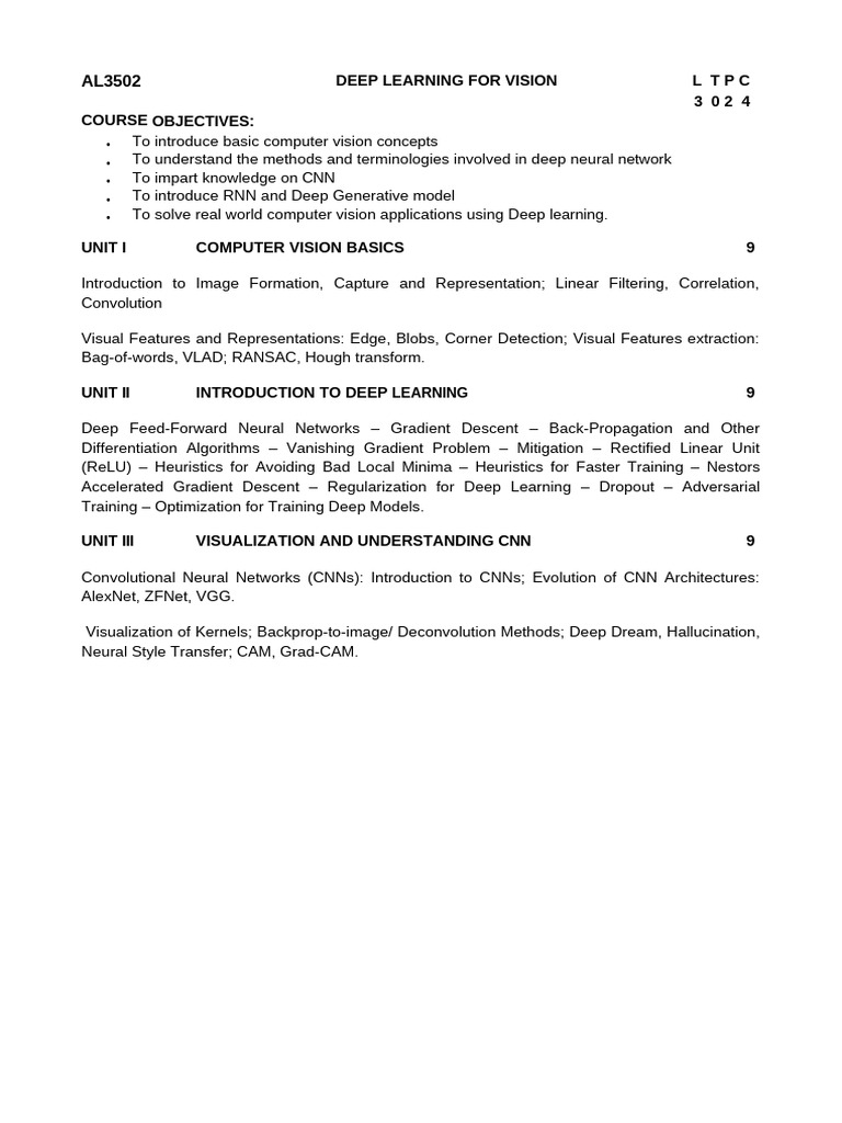 AL3502 Deep Learning for Vision Syllabus | PDF | Deep Learning ...