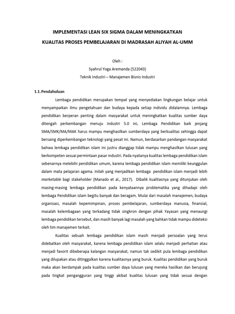 Implementasi Lean Six Sigma Dalam Meningkatkan Kualitas Proses Pembelajaran Di Ma Al-Umm | PDF