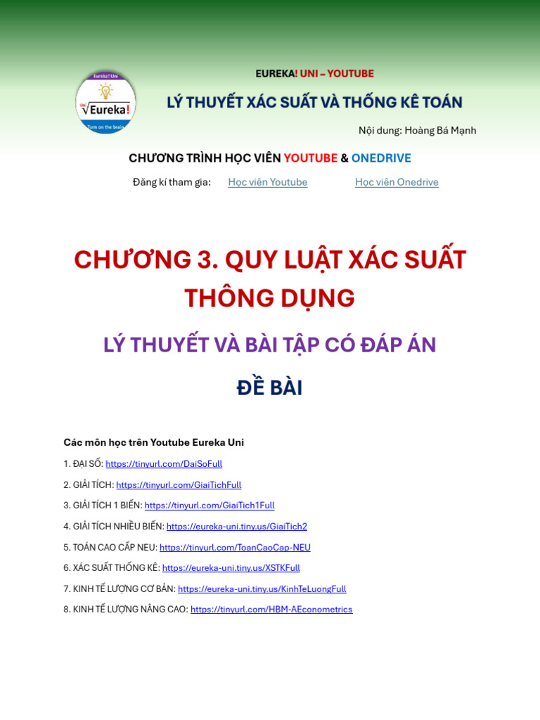 XSTK Ch3. Lý thuyết và bài tập có đáp án - Đề bài | PDF