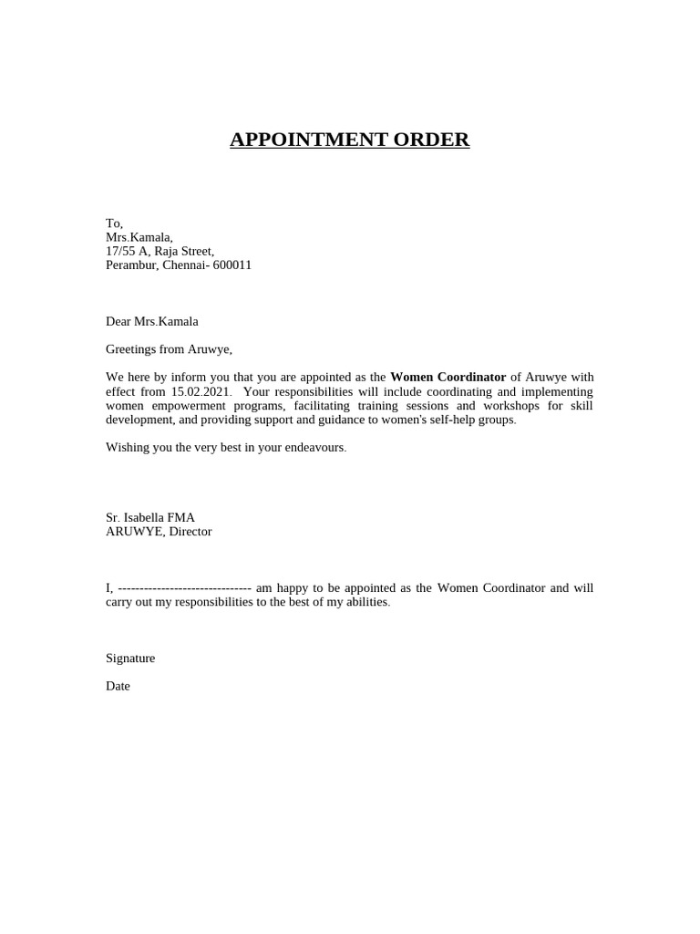 Appointment Order for Women Coordinator | PDF