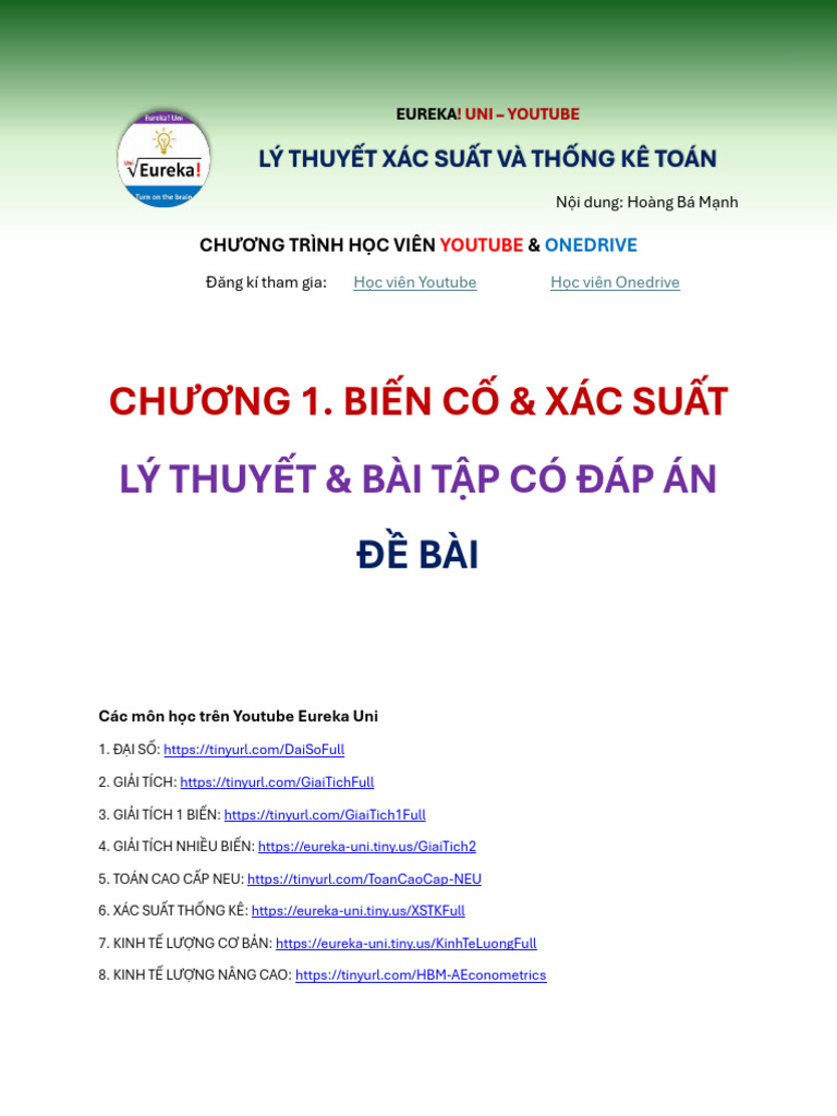 XSTK Ch1. Lý thuyết và bài tập có đáp án - Đề bài | PDF