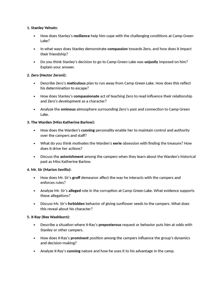 Holes - Character Traits Questions - Until Chapter 5 | PDF ...