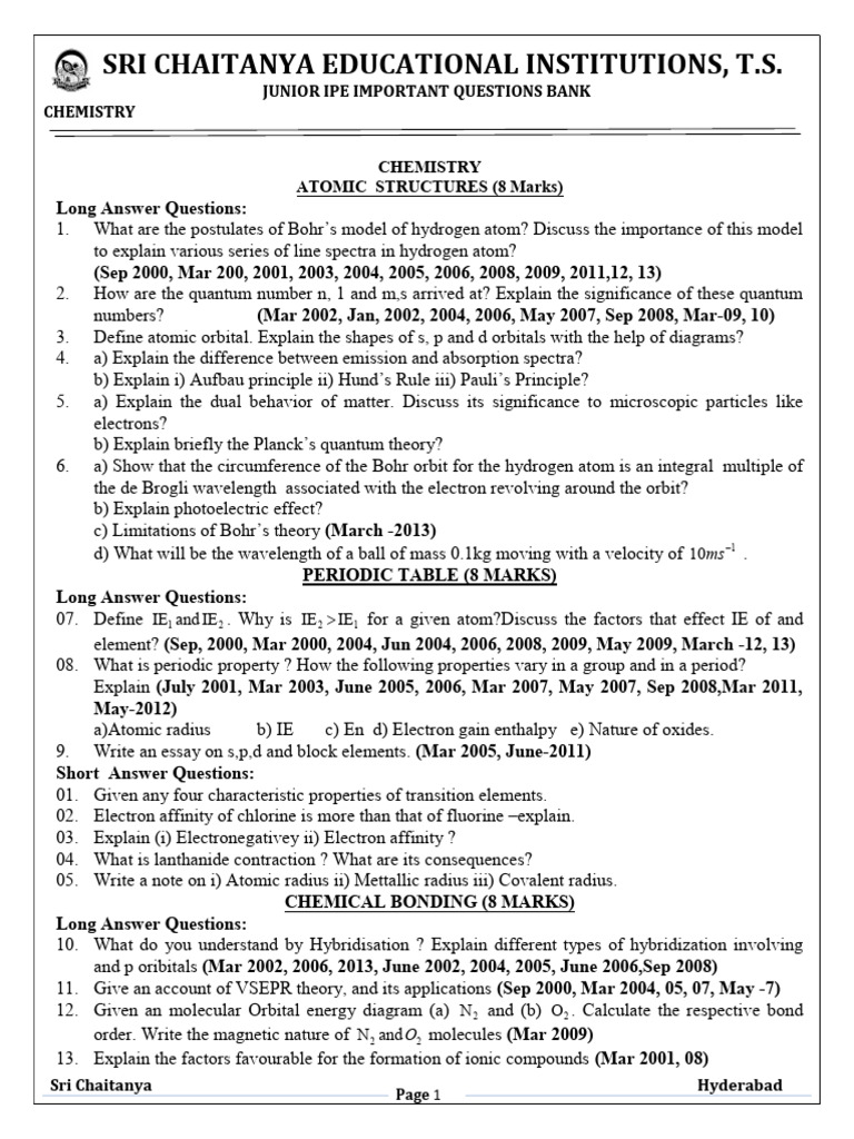 Important Chemistry Questions Bank | PDF | Chemical Bond | Molecules