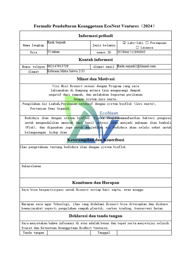 Formulir Pendaftaran Keanggotaan EcoNext Ventures Ririk Surjadi | PDF