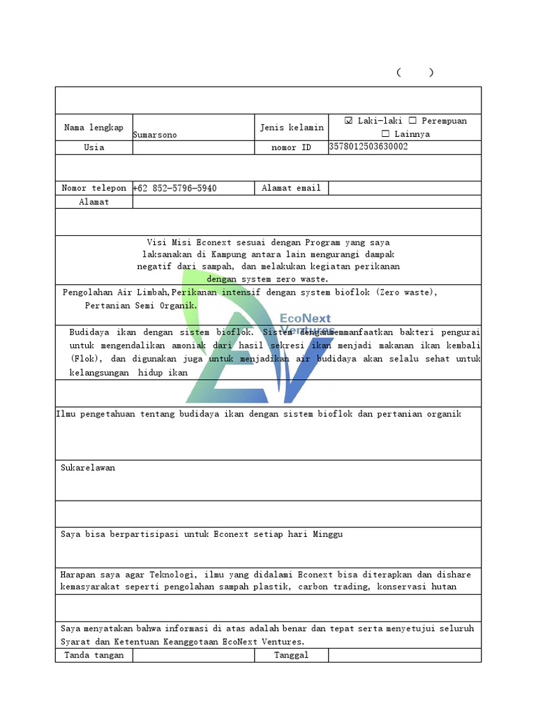 Formulir Pendaftaran Keanggotaan EcoNext Ventures Sumarsono | PDF