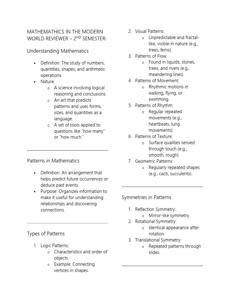 Mathemathics in The Modern World Reviewer Reviewer | PDF | Set (Mathematics) | Pattern