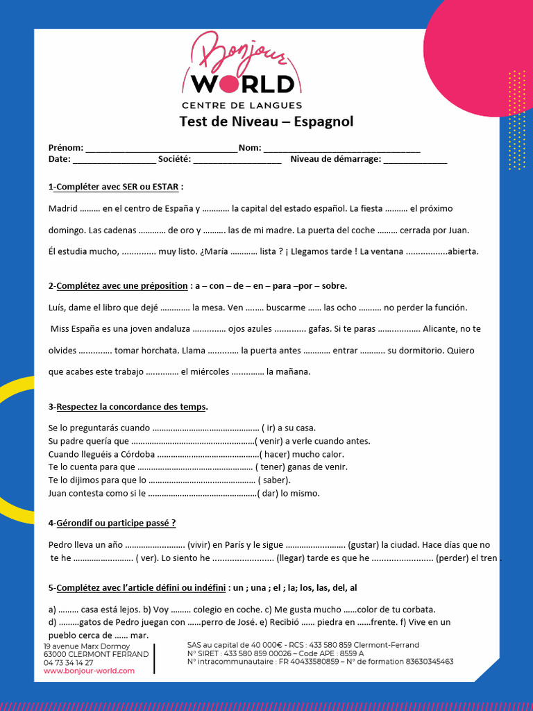Test de Nivel de Español: Ejercicios y Traducción | PDF
