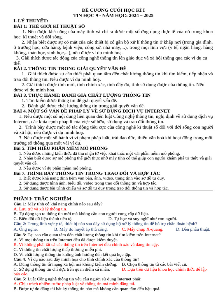 Đề Cuong Ck1 Tin9!24!25 Trang | PDF